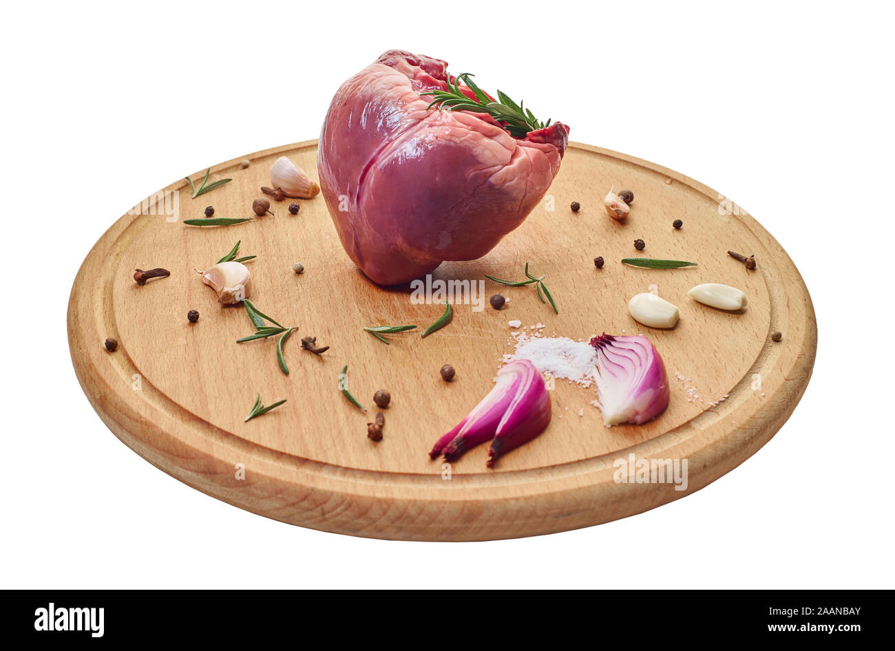 raw meat, beef heart with seasonings, white isolated background Stock ...