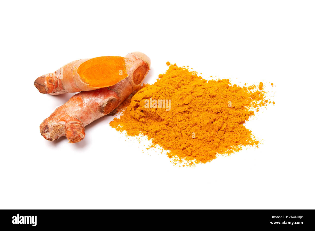 Turmeric root and powder isolated on white background close-up Stock ...
