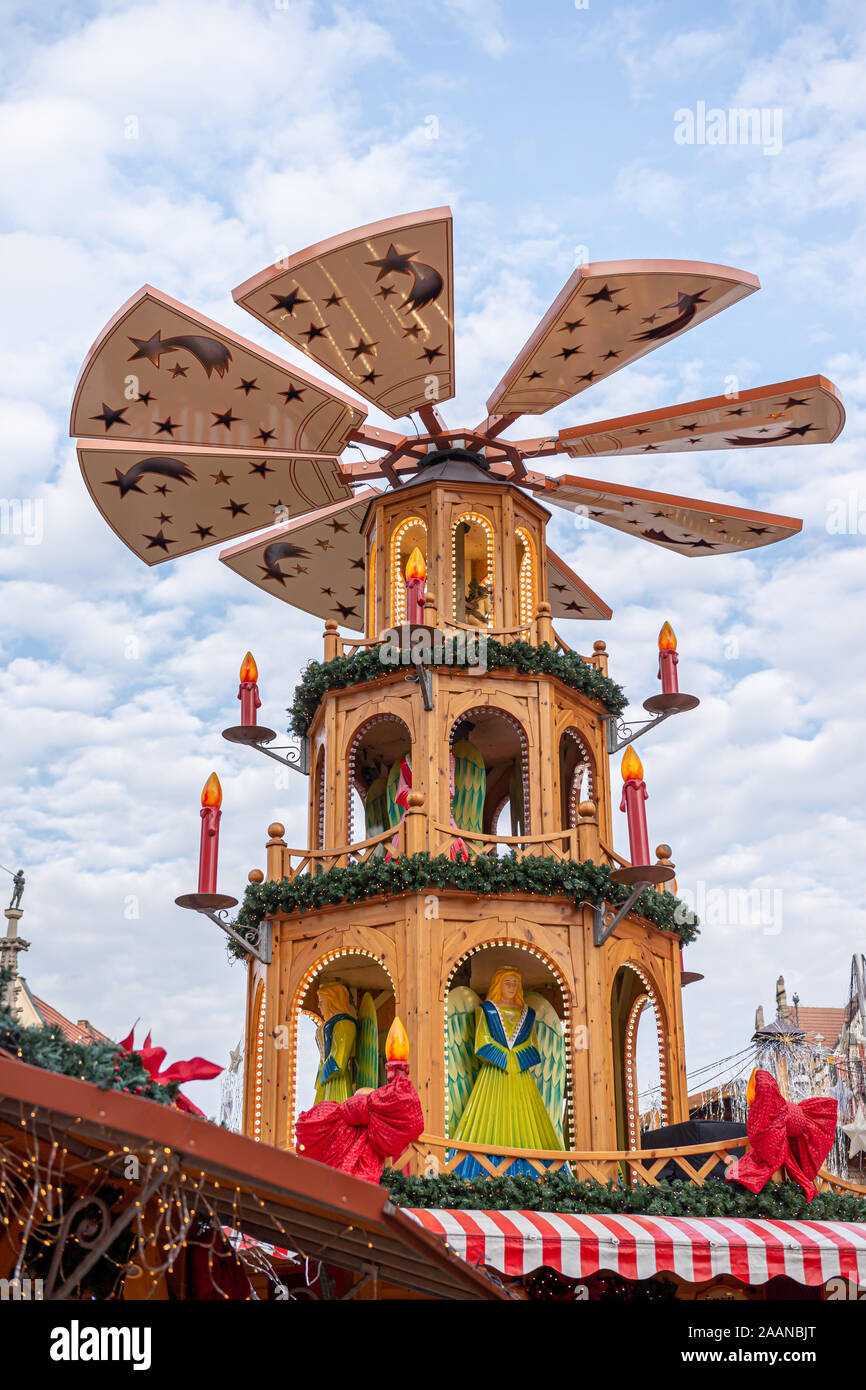 Illuminated Christmas fairground with installation with angels Stock ...