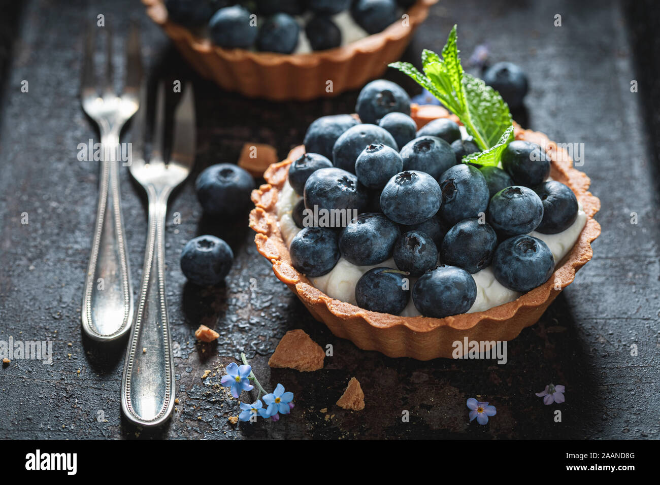 Delicious mini tart with fresh blueberries on dark tray Stock Photo - Alamy