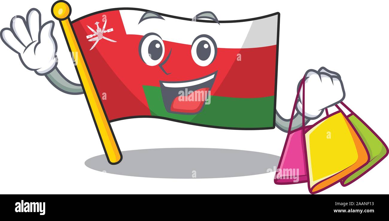 Cheerful flag oman cartoon character waving and holding Shopping bag ...