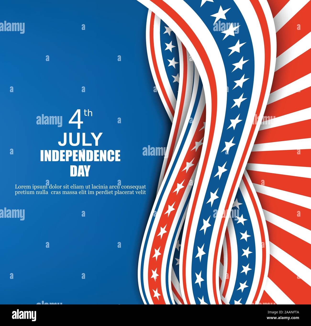 Red, blue and white wavy ribbons with stars on blue background ...