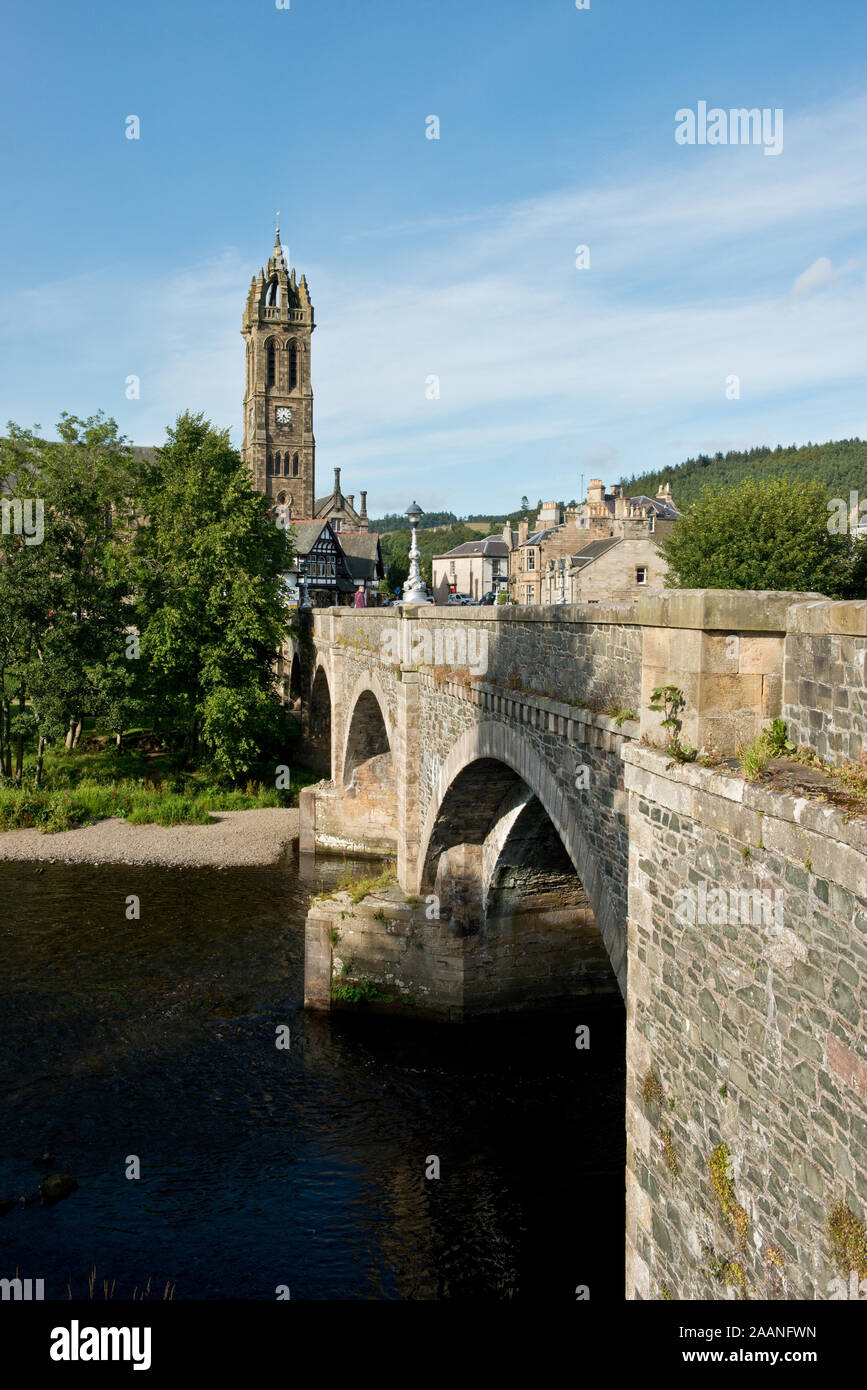 Peebles. Road Bridge over the River Tweed and Peebles Old Parish Church ...