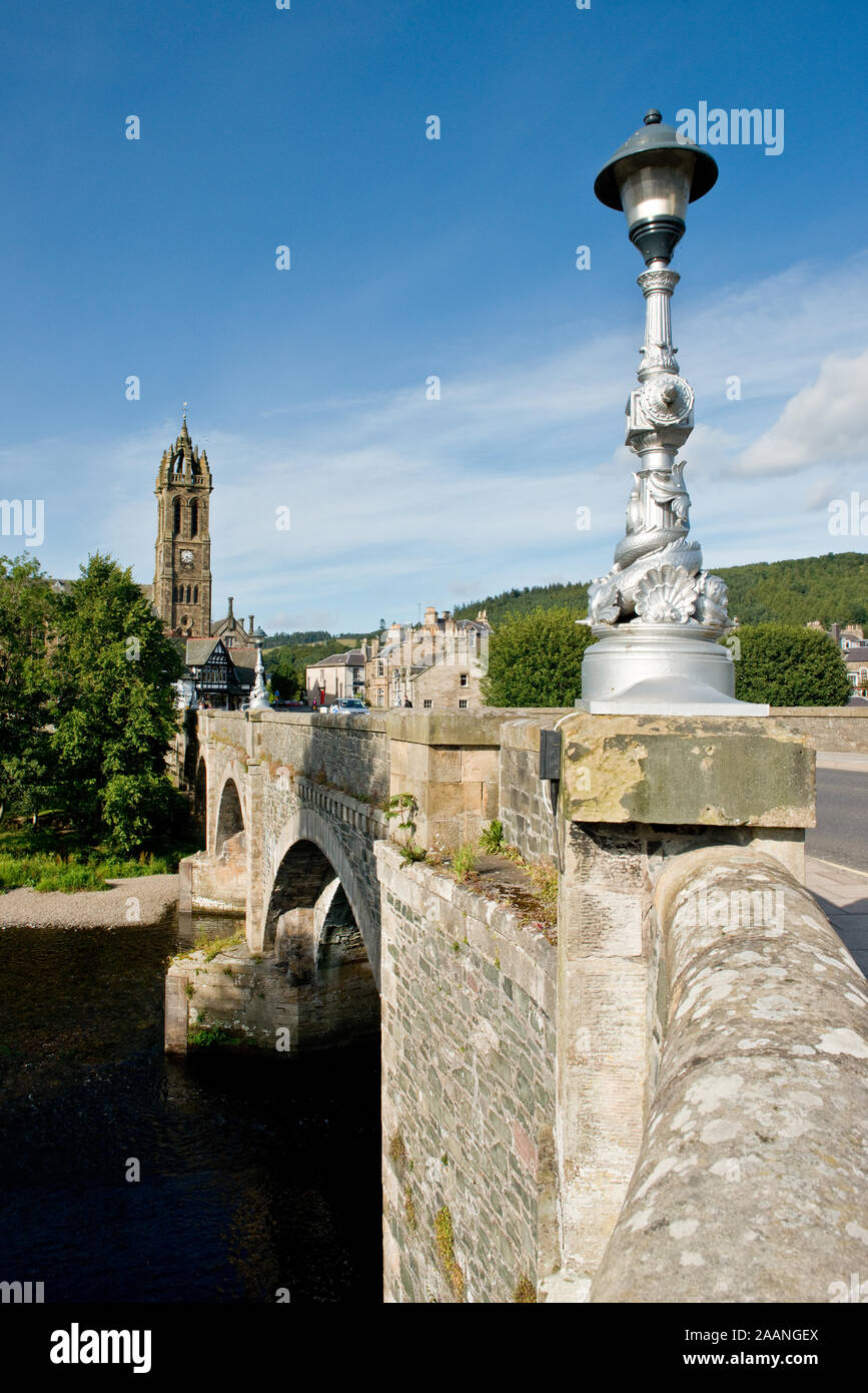 Peebles. Road Bridge over the River Tweed and Peebles Old Parish Church ...