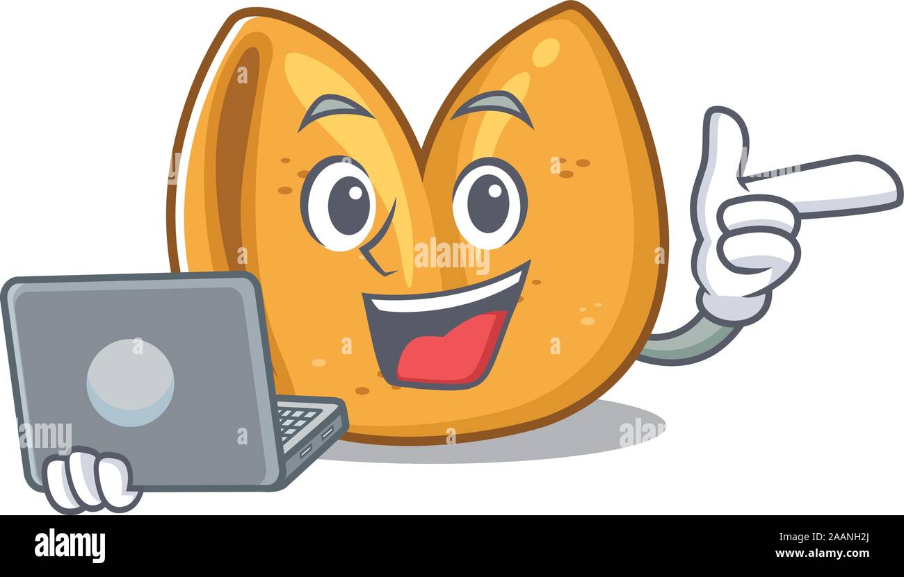 Happy smiling fortune cookie cartoon character working With laptop ...