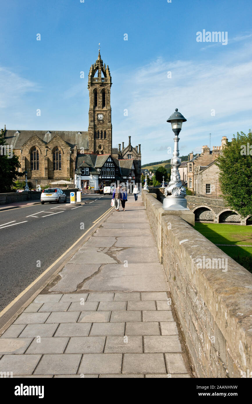 Peebles. Road Bridge over the River Tweed and Peebles Old Parish Church ...