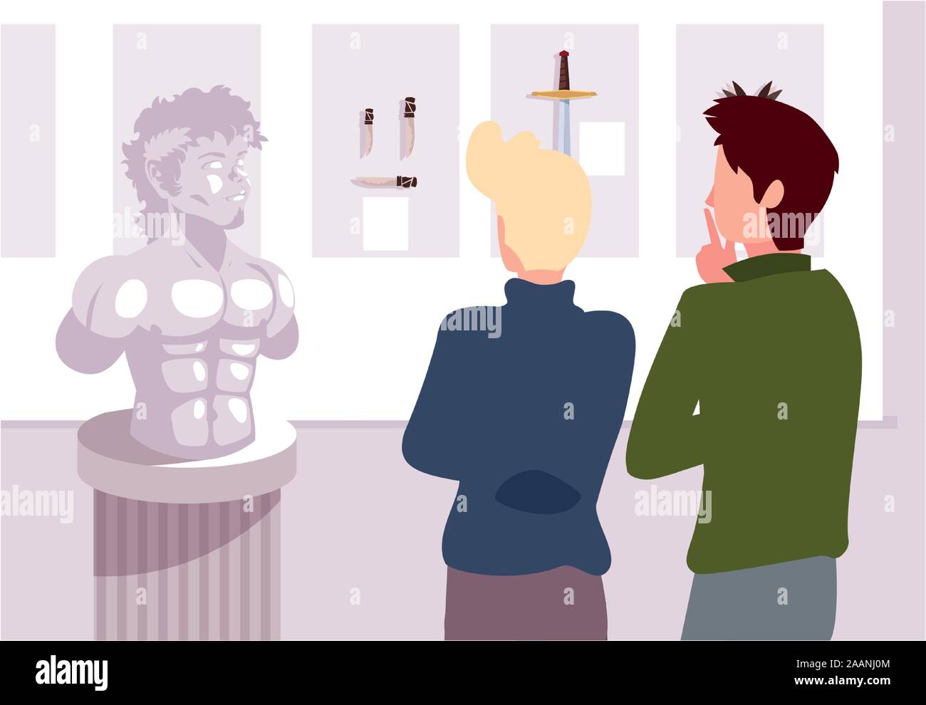 men in contemporary art gallery, exhibition visitors viewing modern ...