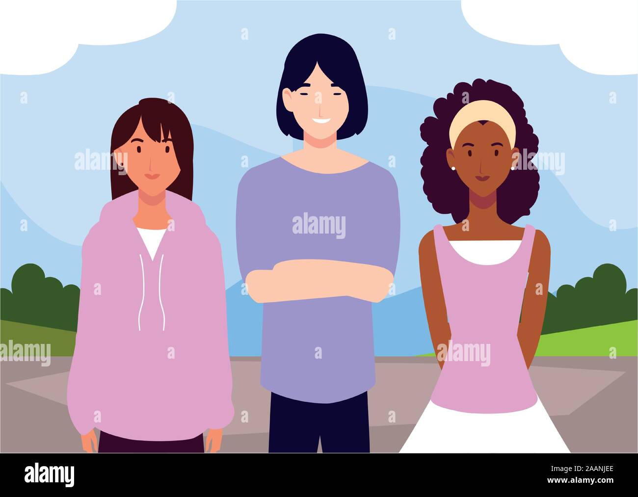 group of people with background landscape vector illustration design ...