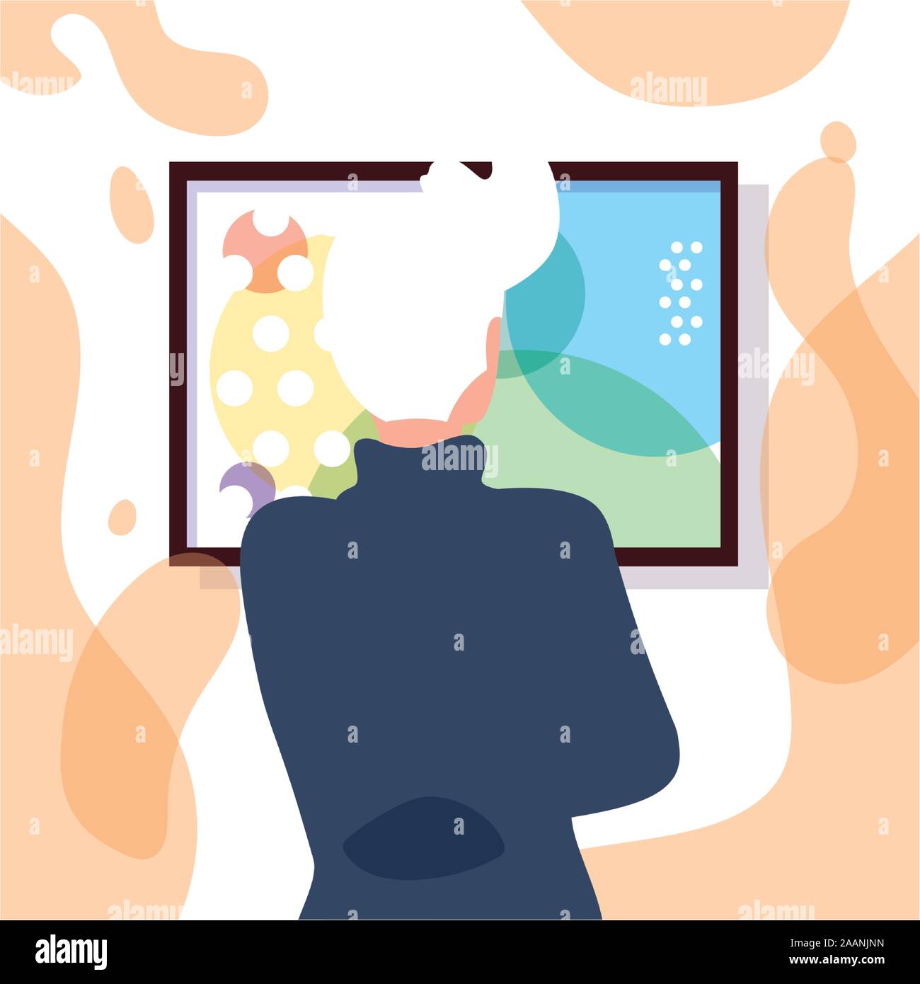 man in contemporary art gallery, exhibition visitors viewing modern ...