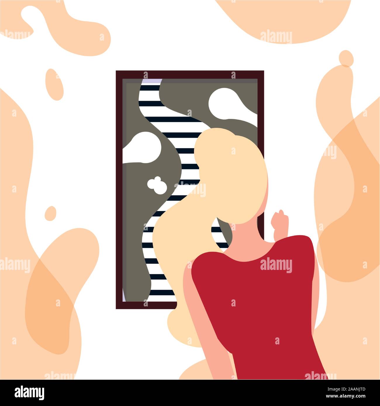 woman in contemporary art gallery, exhibition visitors viewing modern ...