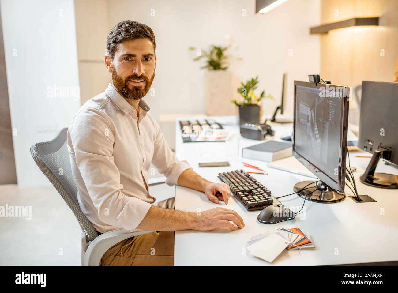 Portrait of creative office employee making interior design, 3d ...