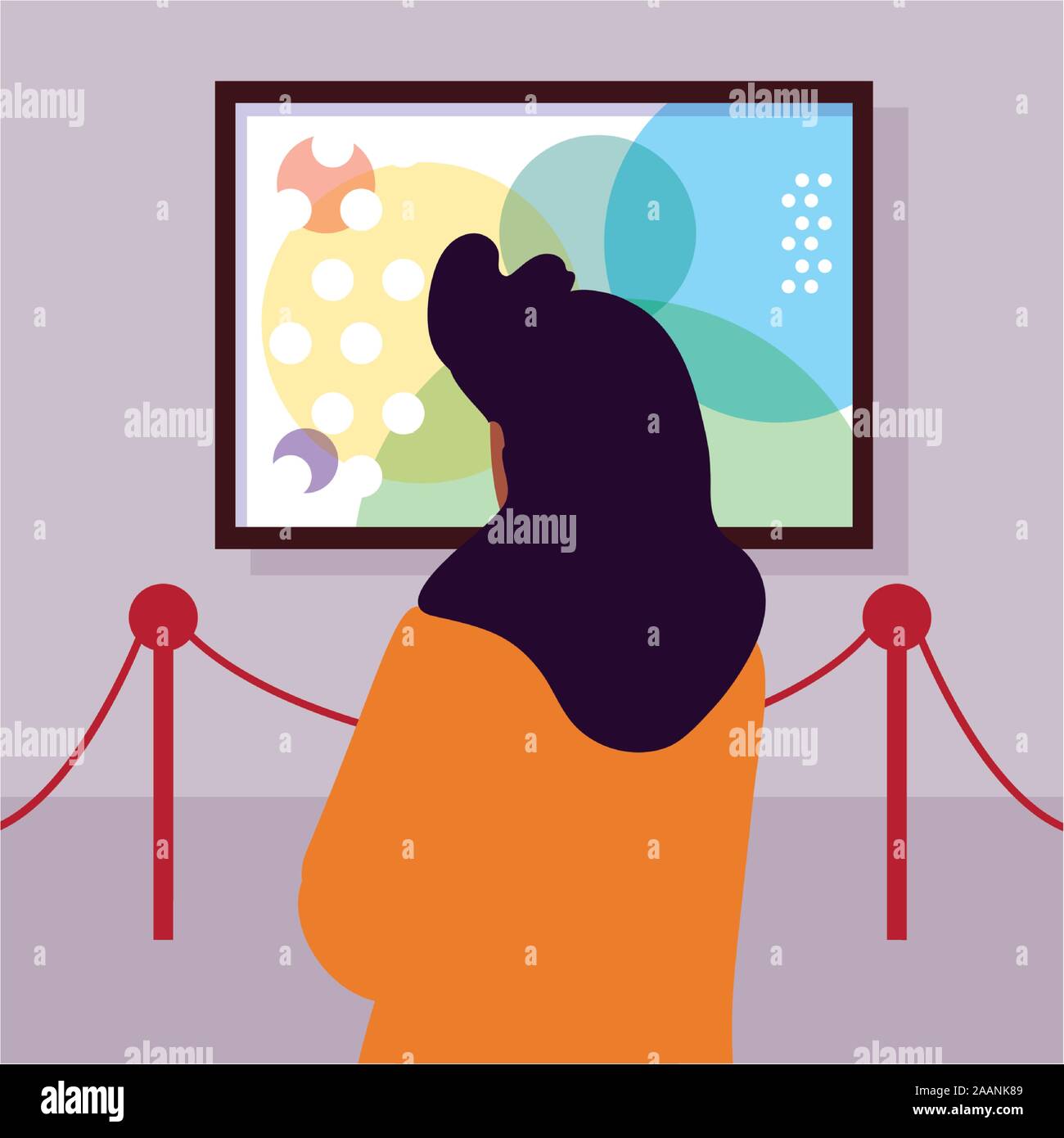 woman in contemporary art gallery, exhibition visitors viewing modern ...