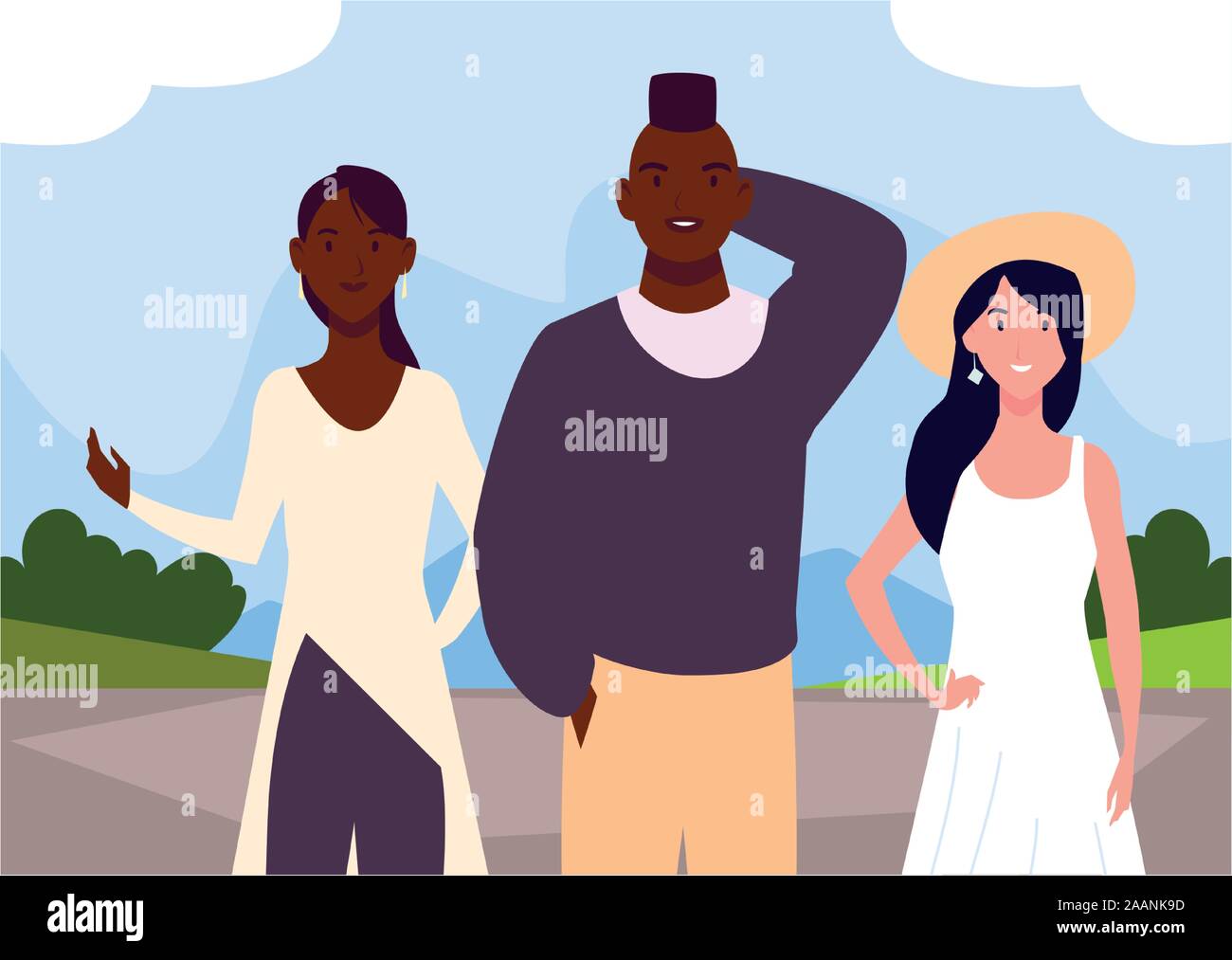 group of people with background landscape vector illustration design ...