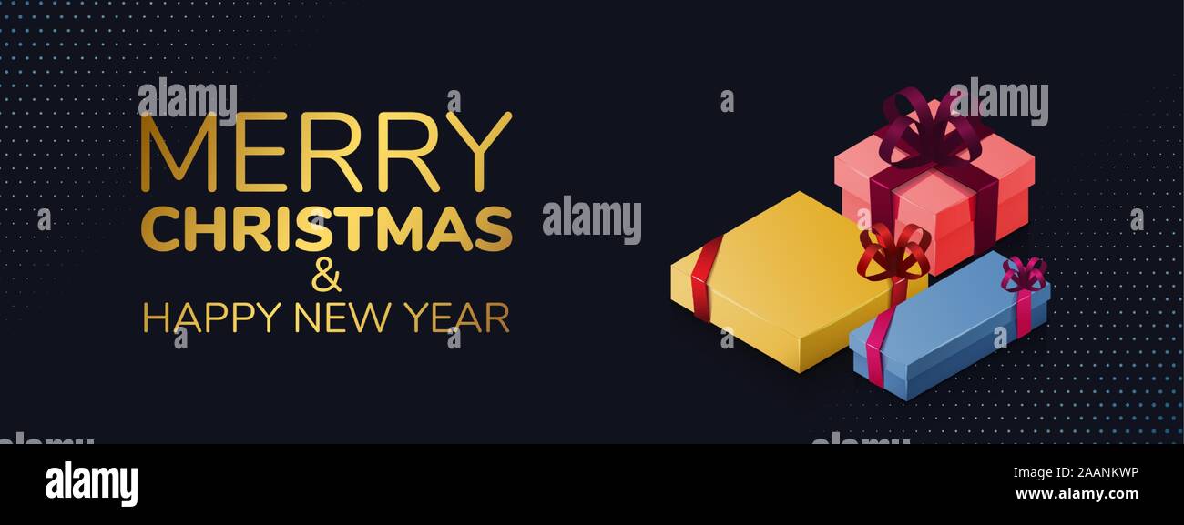 2020 isometric Happy New Year and gift box. Greeting card, invitation ...