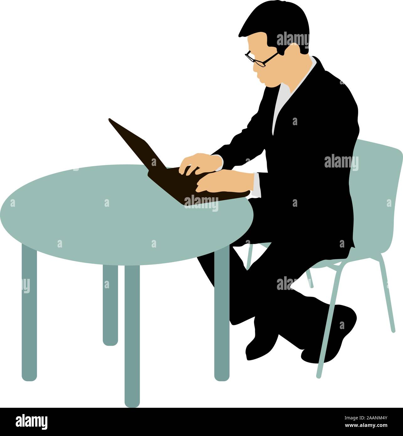 Black silhouette man sitting behind computer, on a white background ...