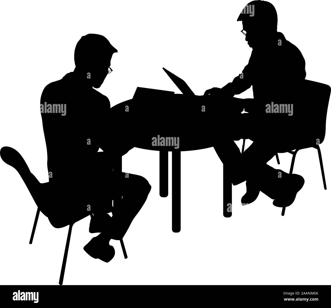 Black silhouette two men sitting behind computer, on a white background ...