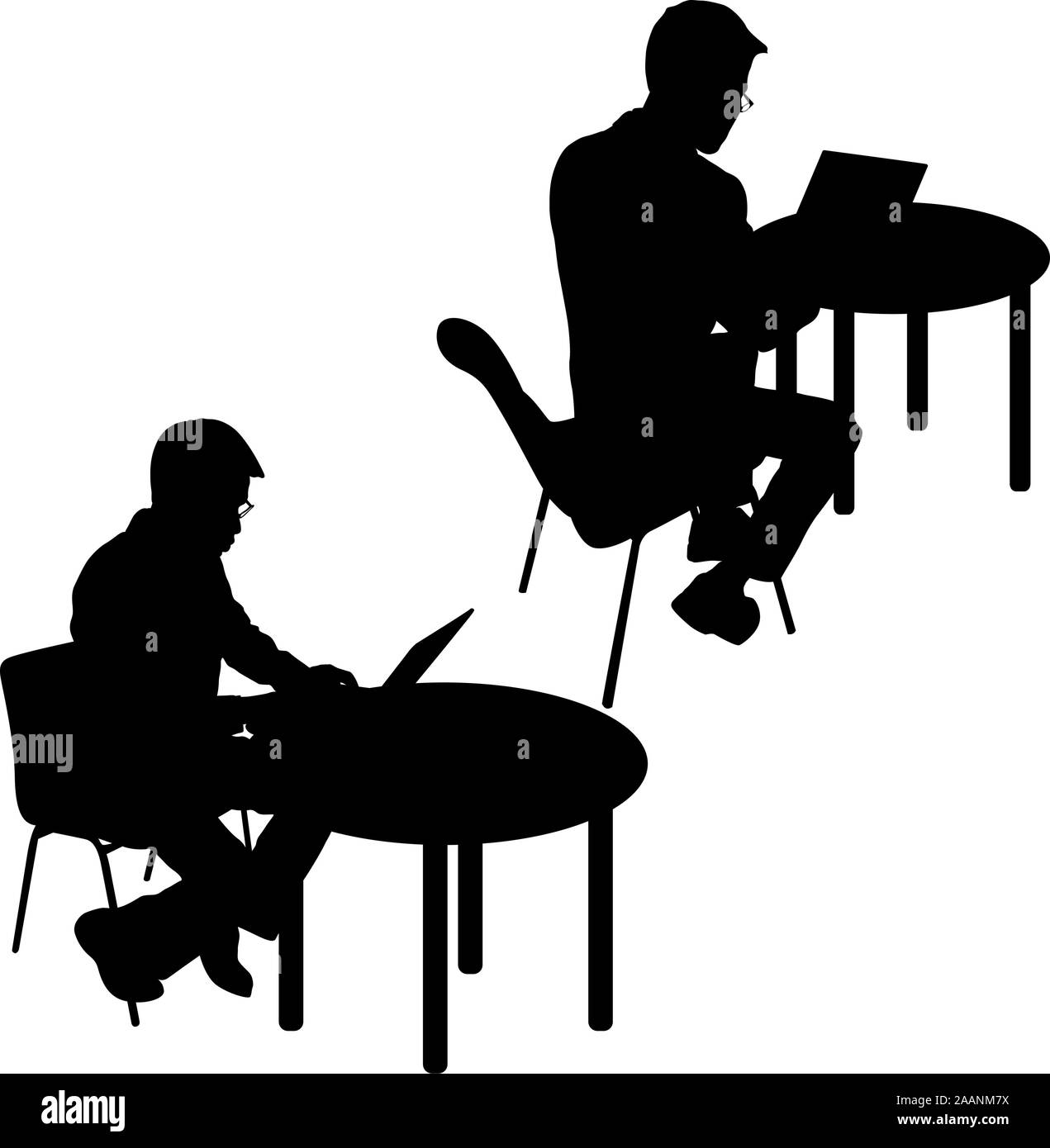 Black silhouette two men sitting behind computer, on a white background ...