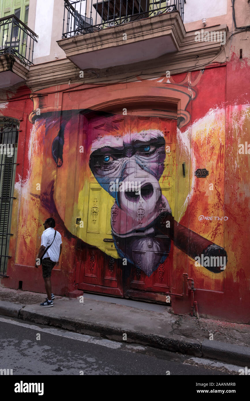 A large mural of a gorilla smoking a cigar on the wall of a house in a ...