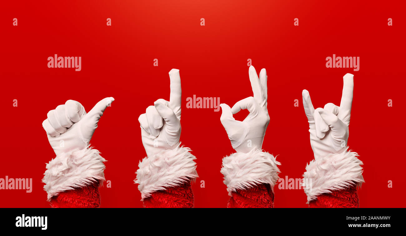 Four Santa's hands in white gloves on blank red background. New Year ...