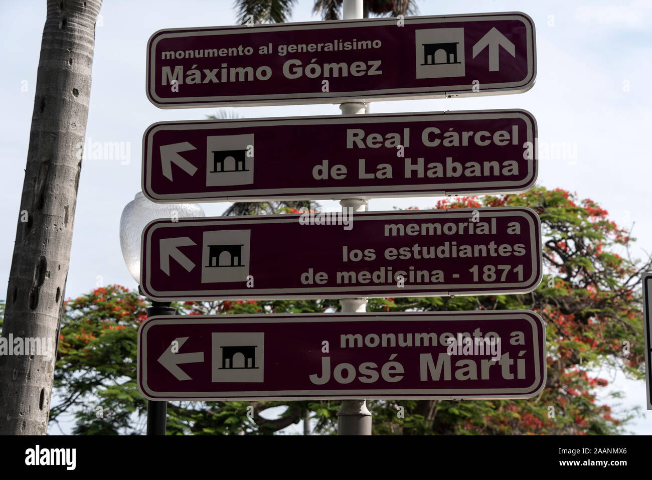 A Havana road traffic sign of local monument attractions in Havana ...