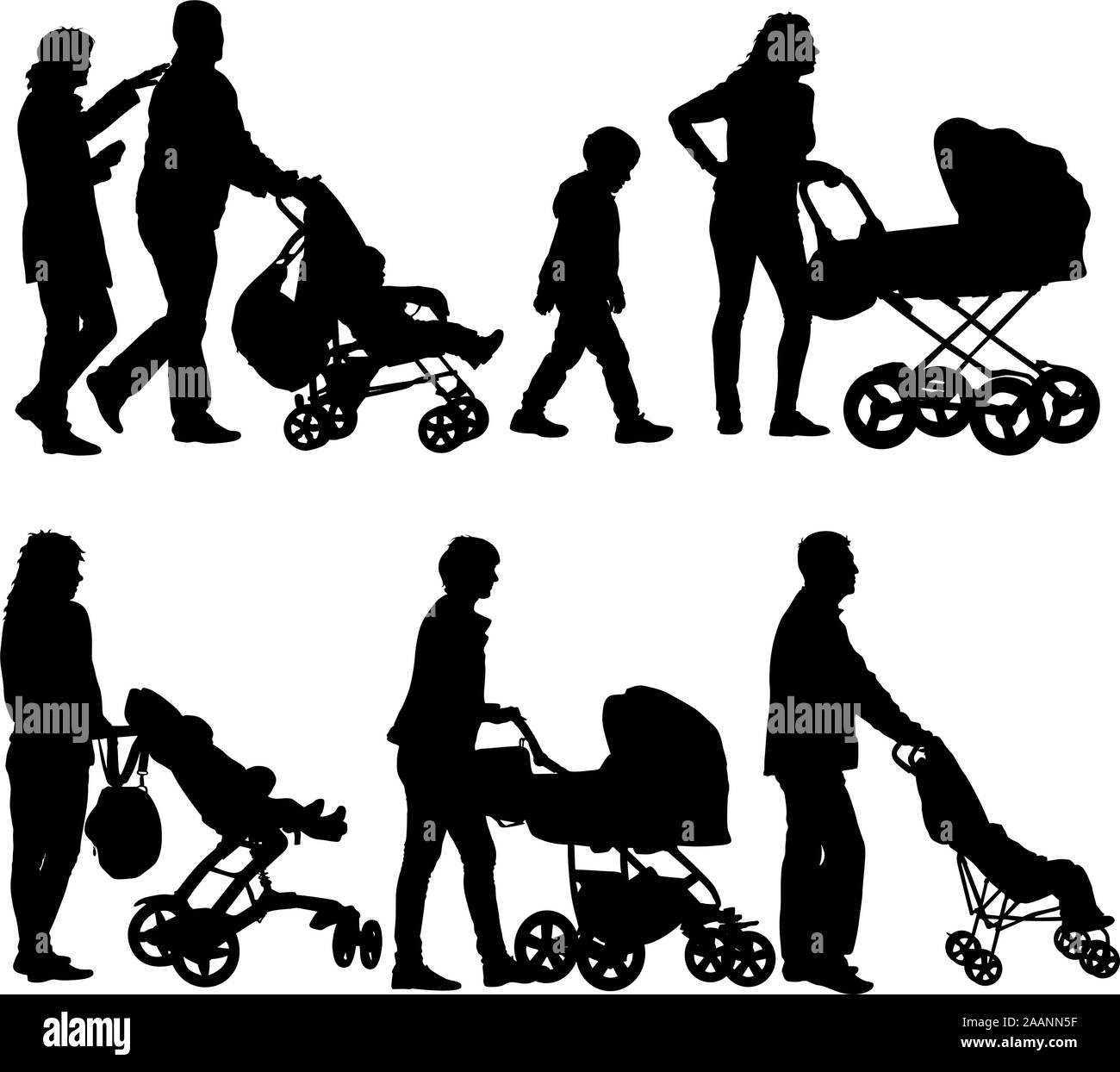 Set black silhouettes Family with pram on white background. Vector ...