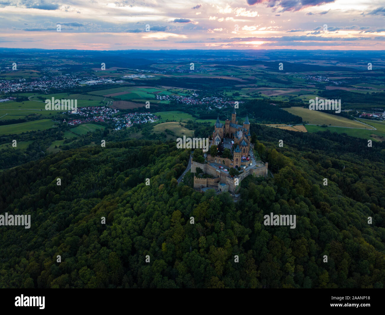 Aerial view of Hohenzollern castle during sunset. Germany in the summer ...
