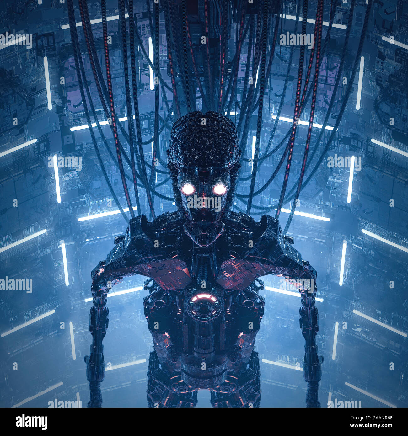 Dark steel visions / 3D illustration of robotic metallic science ...