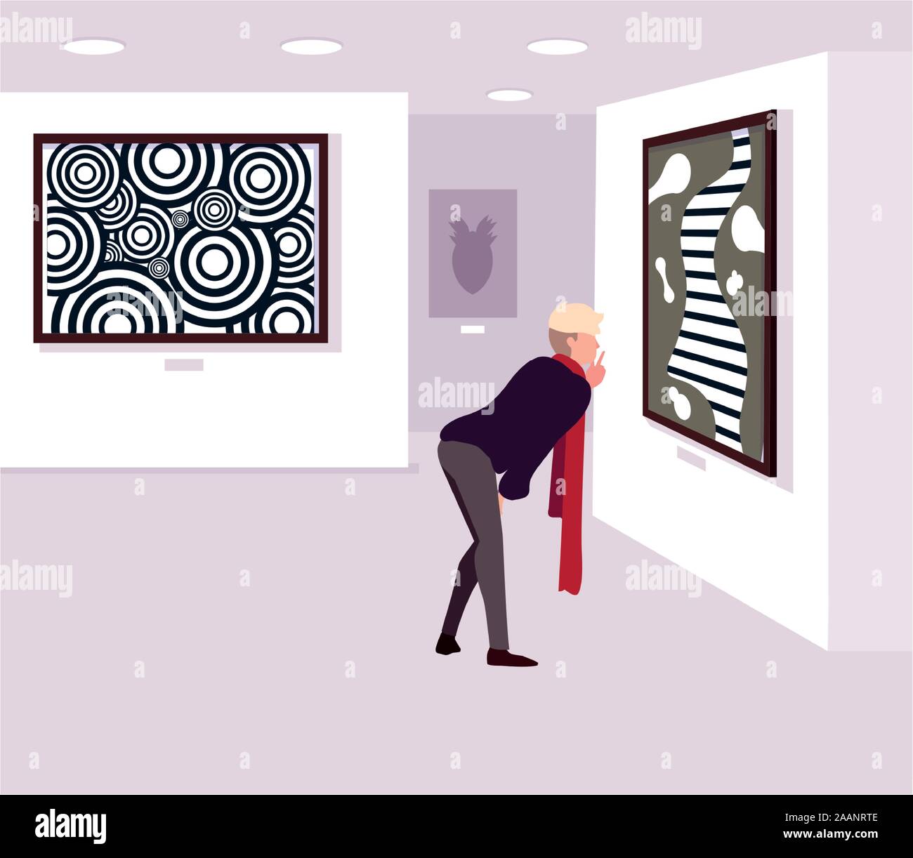 man in contemporary art gallery, exhibition visitors viewing modern ...