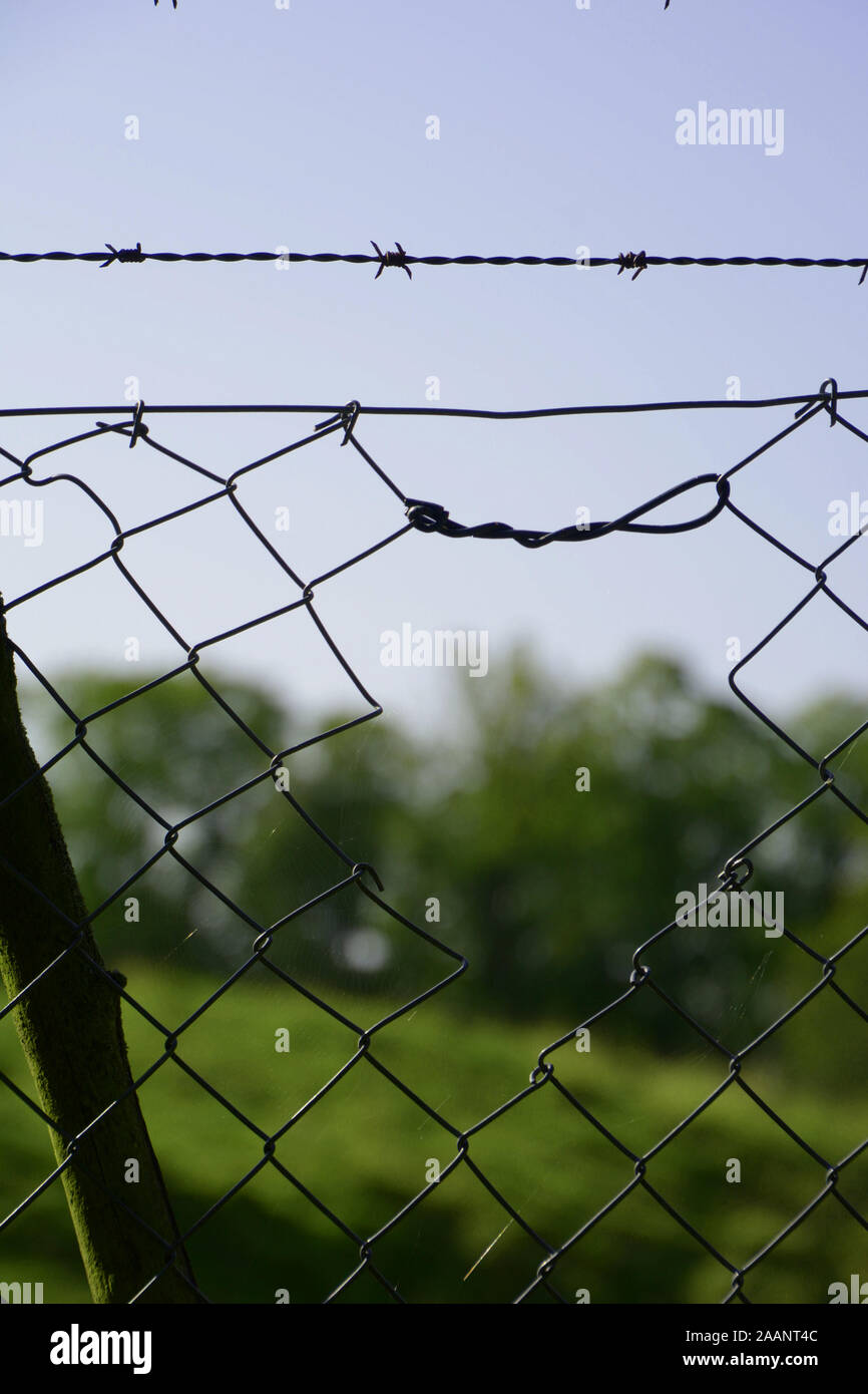 barbed wire fence with a hole in the net, gap in the security system ...