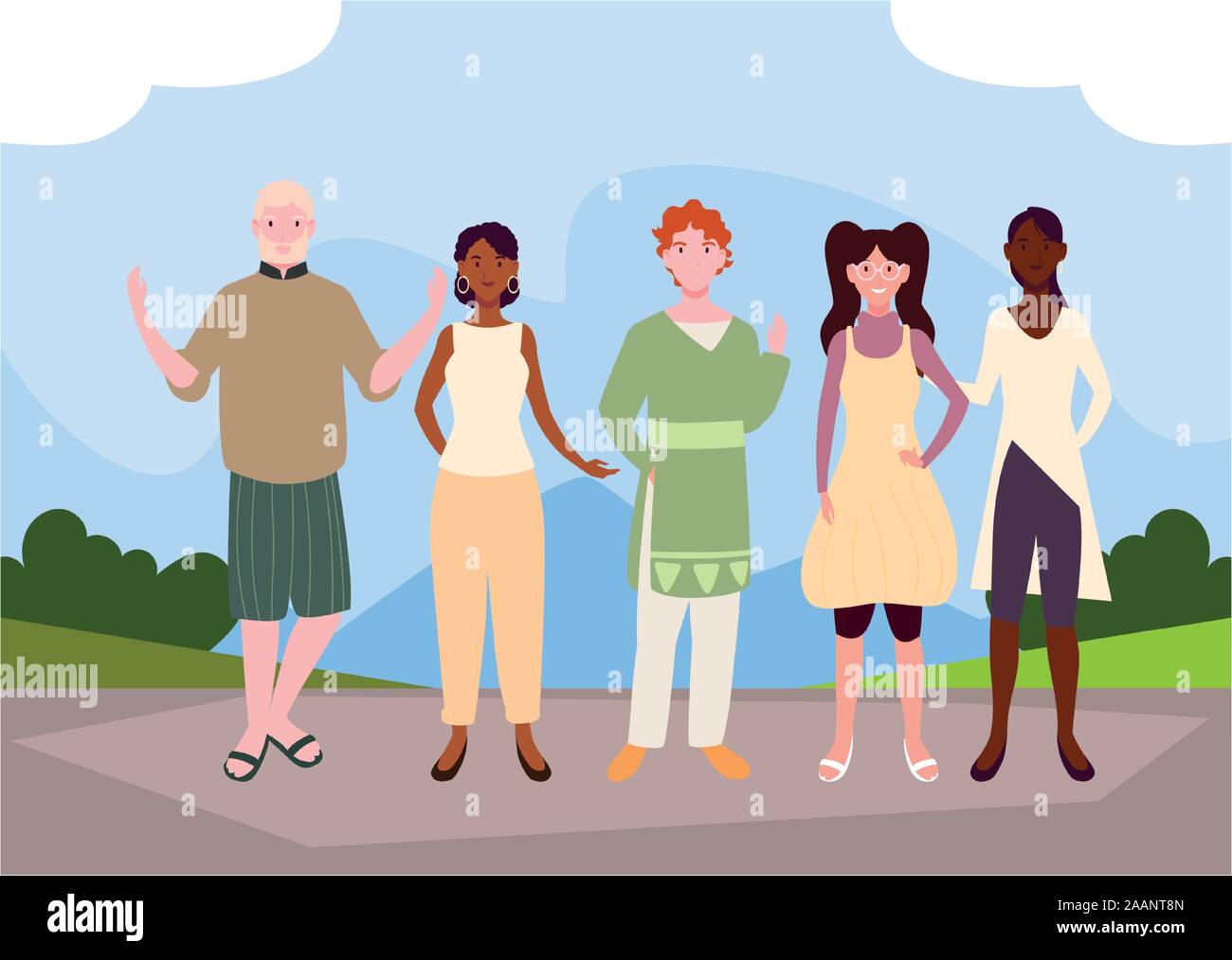 group of people with background landscape vector illustration design ...