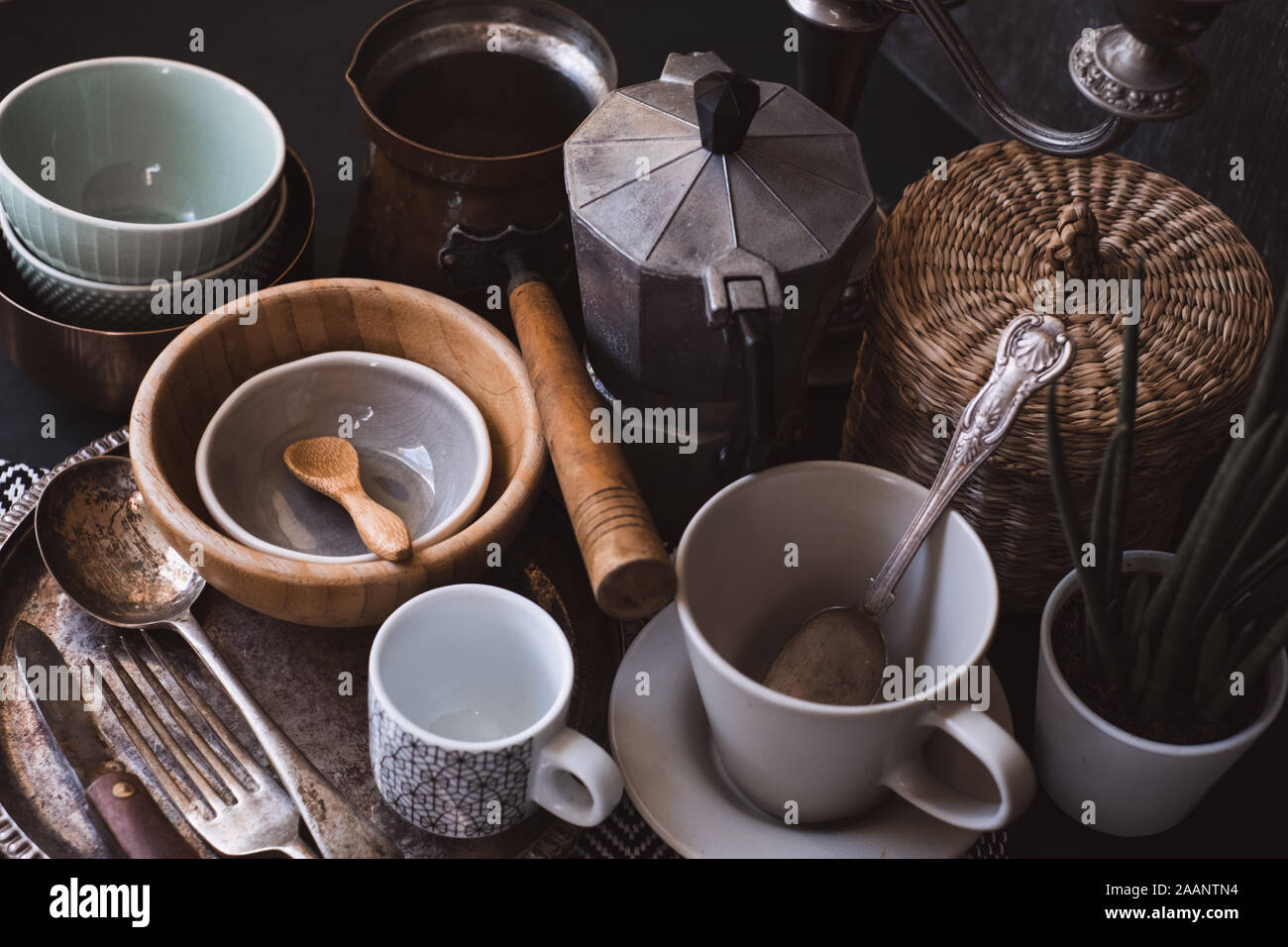 A collection of kitchen bowls, tools, and crockery Stock Photo - Alamy