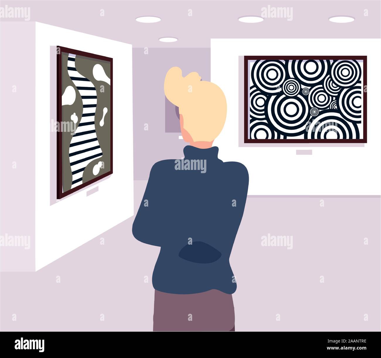 man in contemporary art gallery, exhibition visitors viewing modern ...