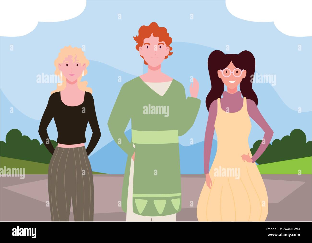 group of people with background landscape vector illustration design ...