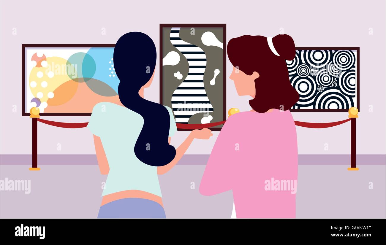 women in contemporary art gallery, exhibition visitors viewing modern ...