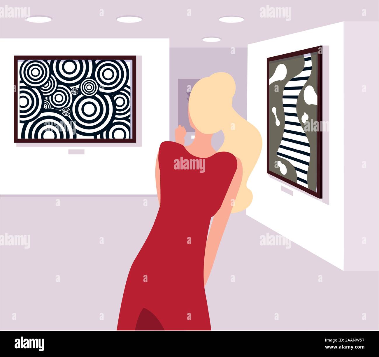 woman in contemporary art gallery, exhibition visitors viewing modern ...