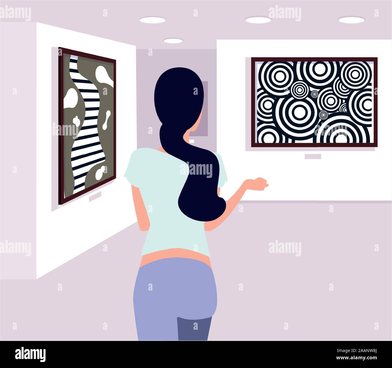 woman in contemporary art gallery, exhibition visitors viewing modern ...