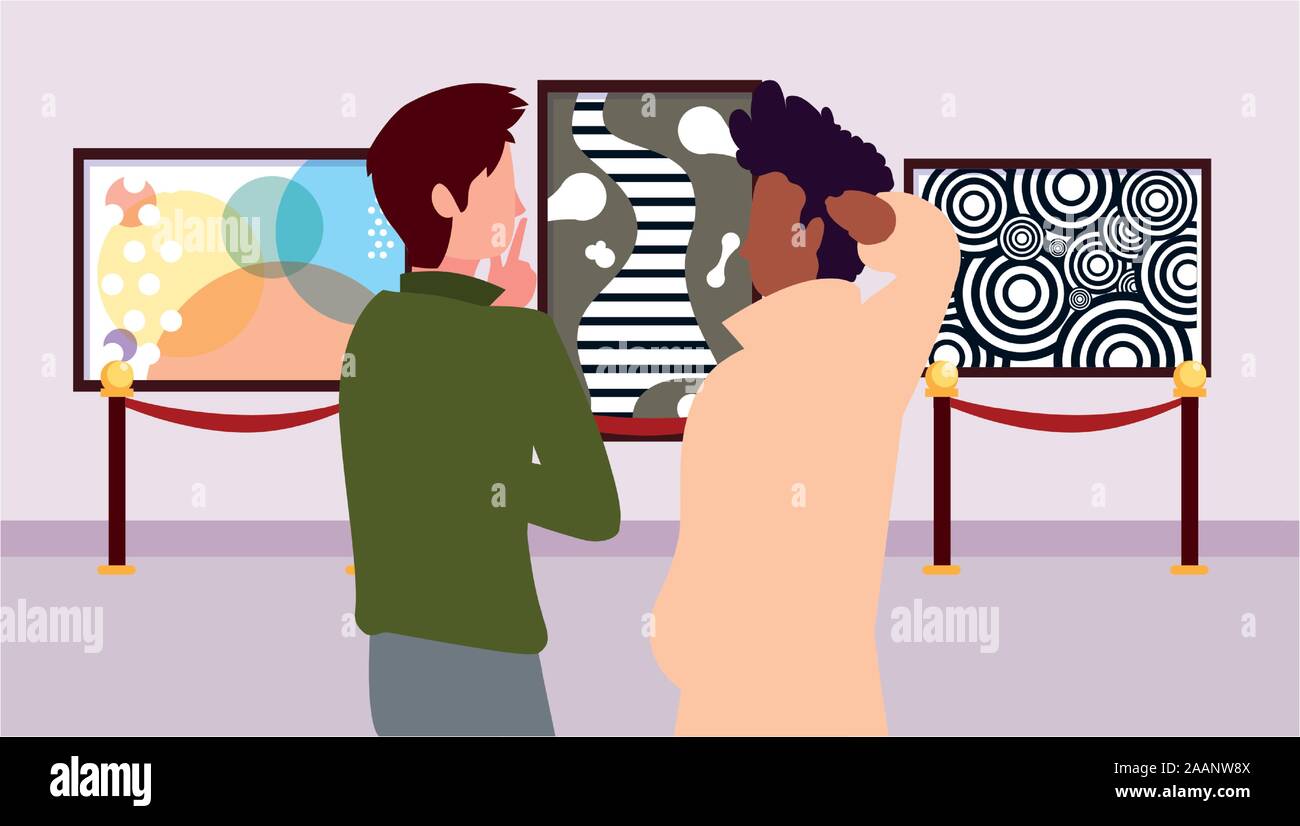 men in contemporary art gallery, exhibition visitors viewing modern ...