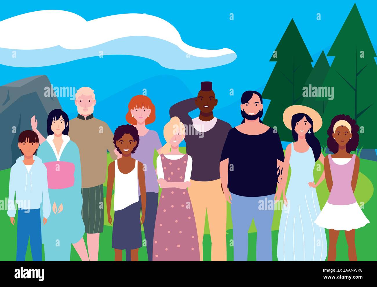 group of people with background landscape vector illustration design ...