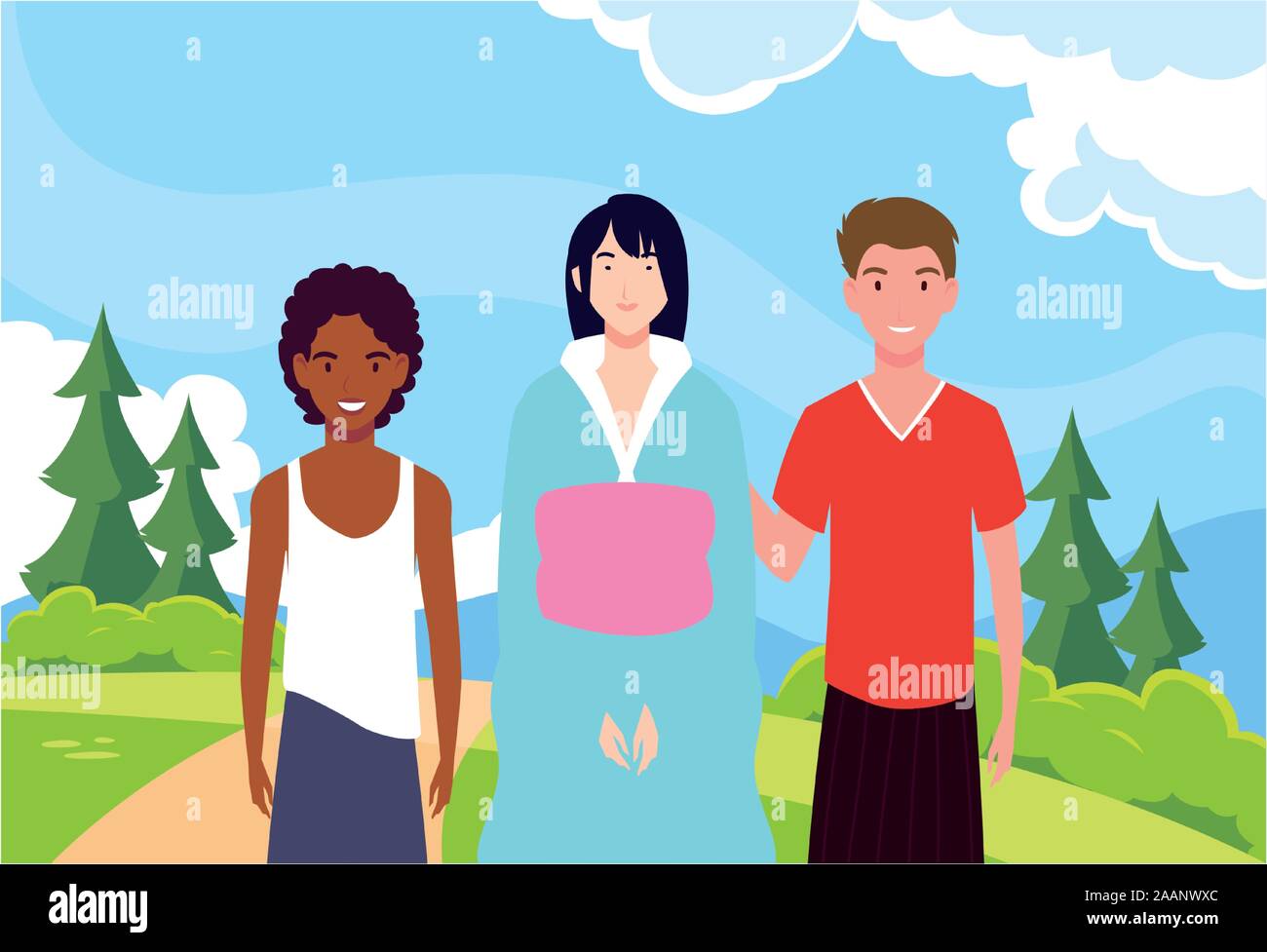 group of people with background landscape vector illustration design ...