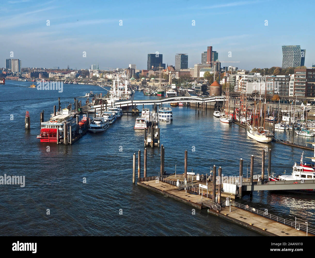 City walk through Hamburg in Germany at Elbe river-here aerial view ...