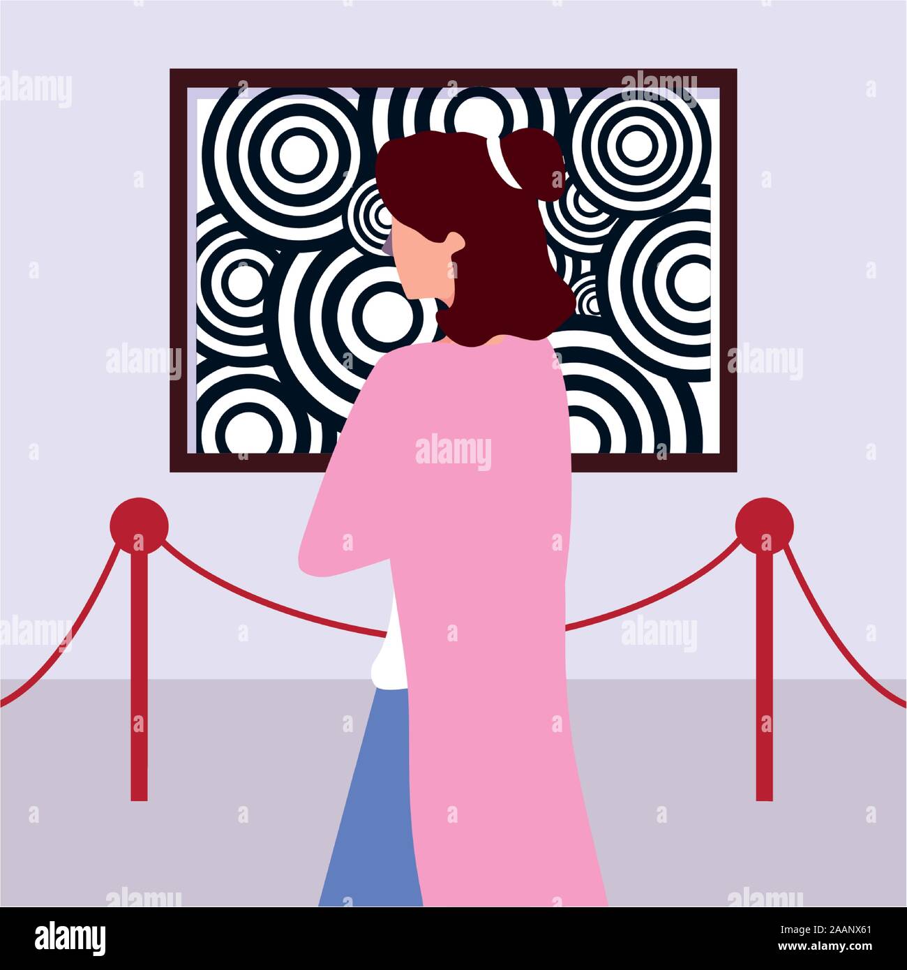 woman in contemporary art gallery, exhibition visitors viewing modern ...