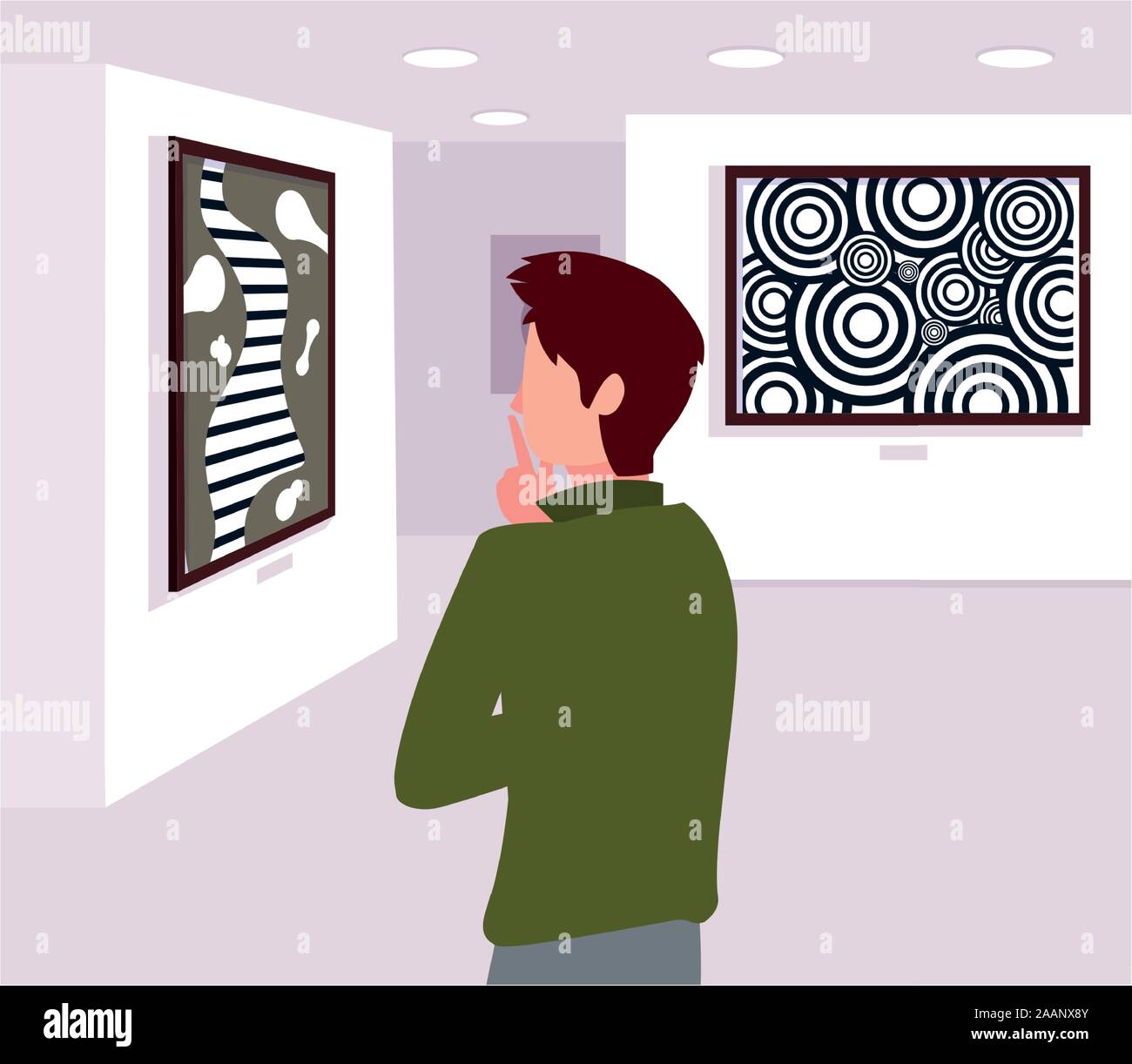 man in contemporary art gallery, exhibition visitors viewing modern ...