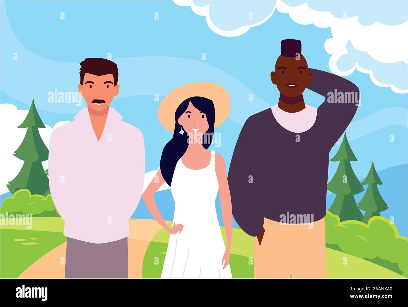 group of people with background landscape vector illustration design ...