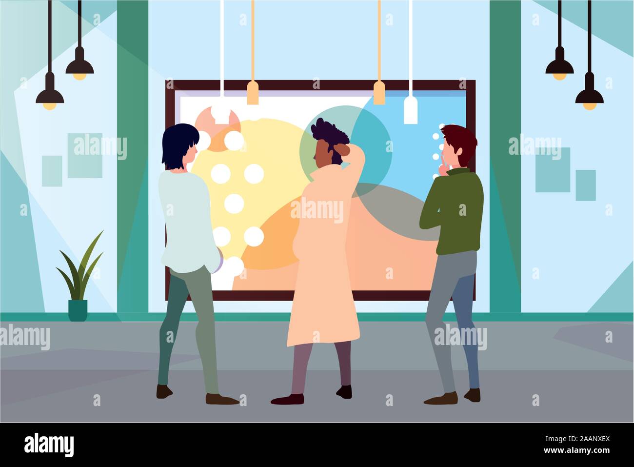 men in contemporary art gallery, exhibition visitors viewing modern ...