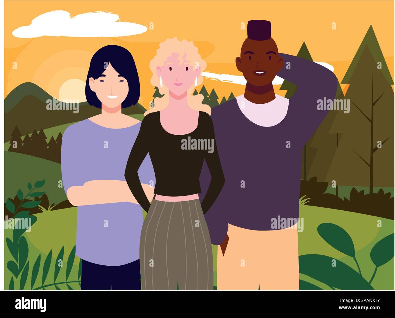 group of people with background landscape vector illustration design ...