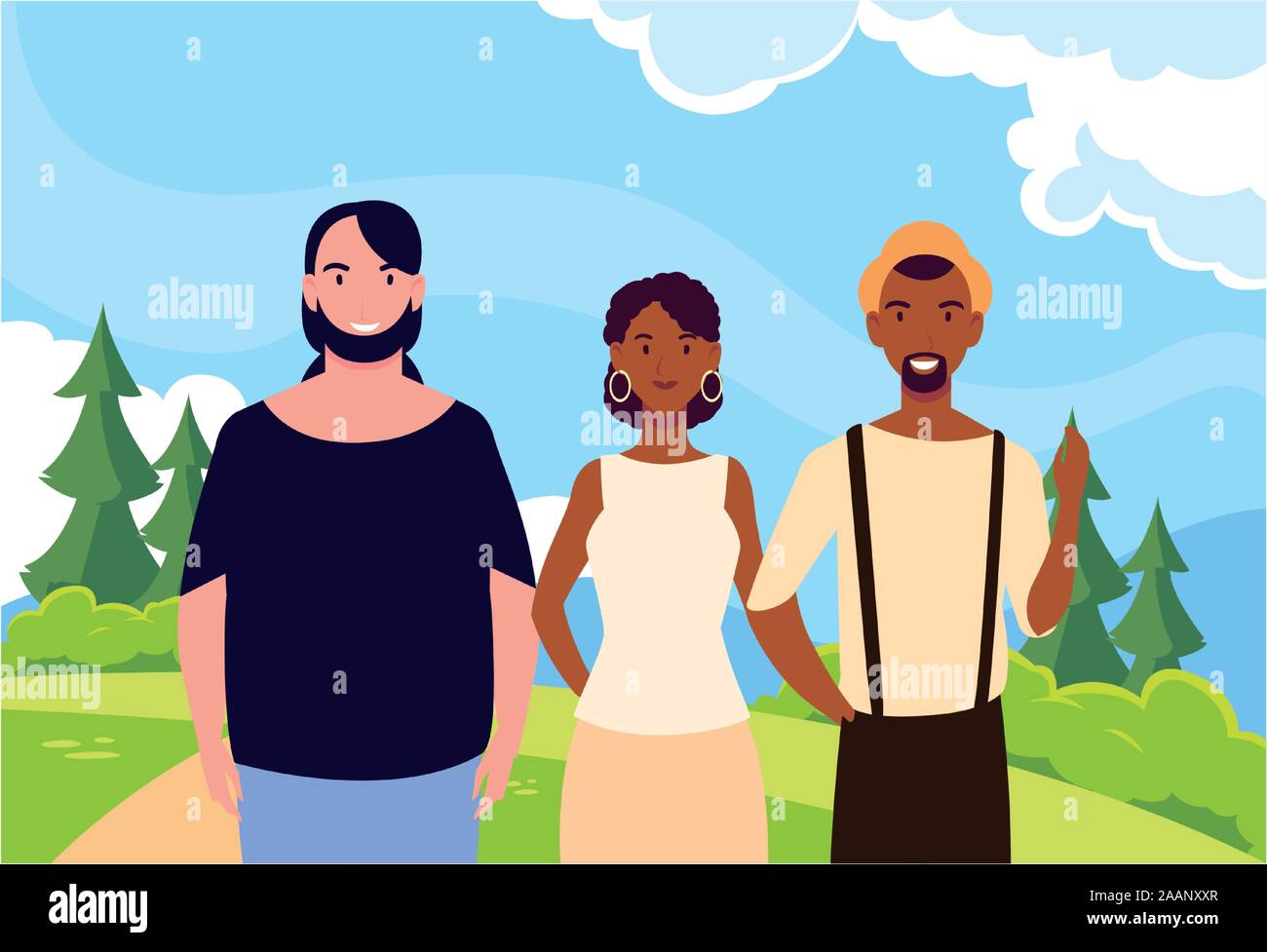 group of people with background landscape vector illustration design ...