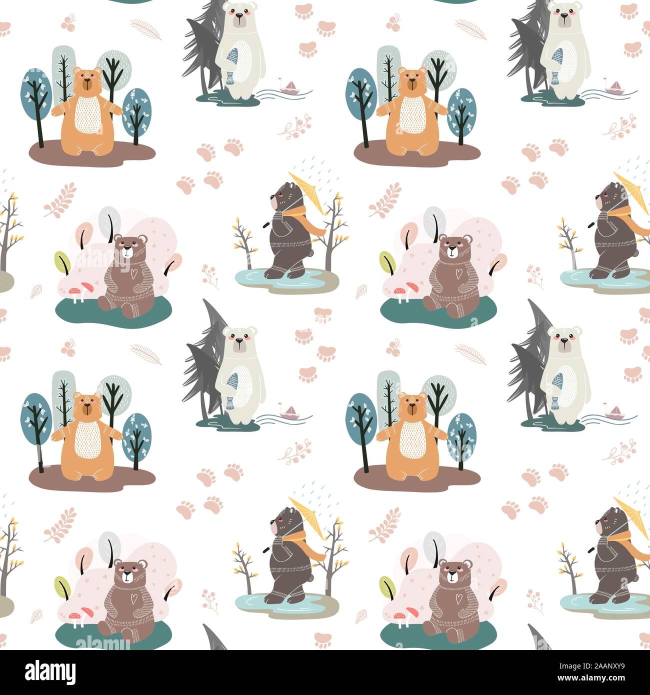 Seamless pattern with cute bears and different elements. Vector ...