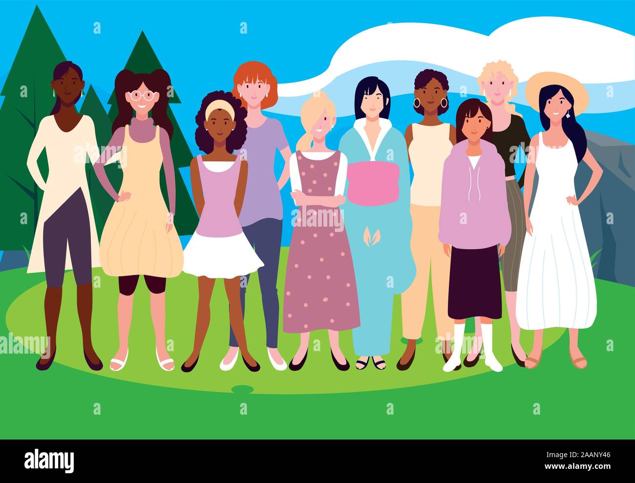 group of people with background landscape vector illustration design ...