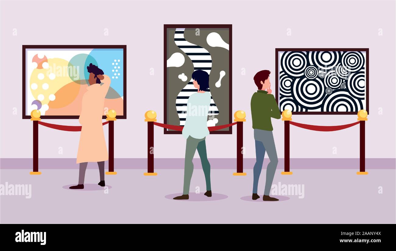 men in contemporary art gallery, exhibition visitors viewing modern ...