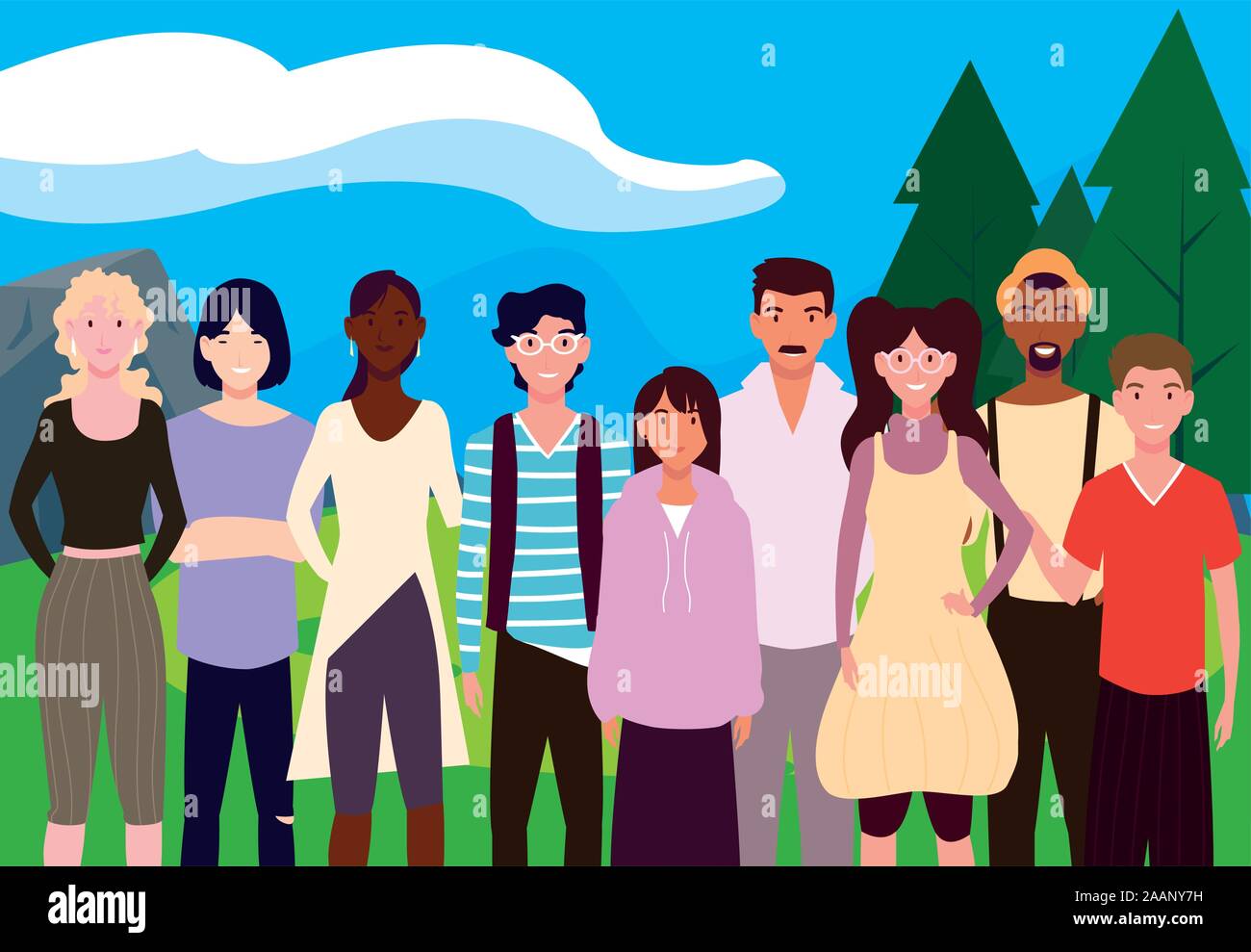 group of people with background landscape vector illustration design ...